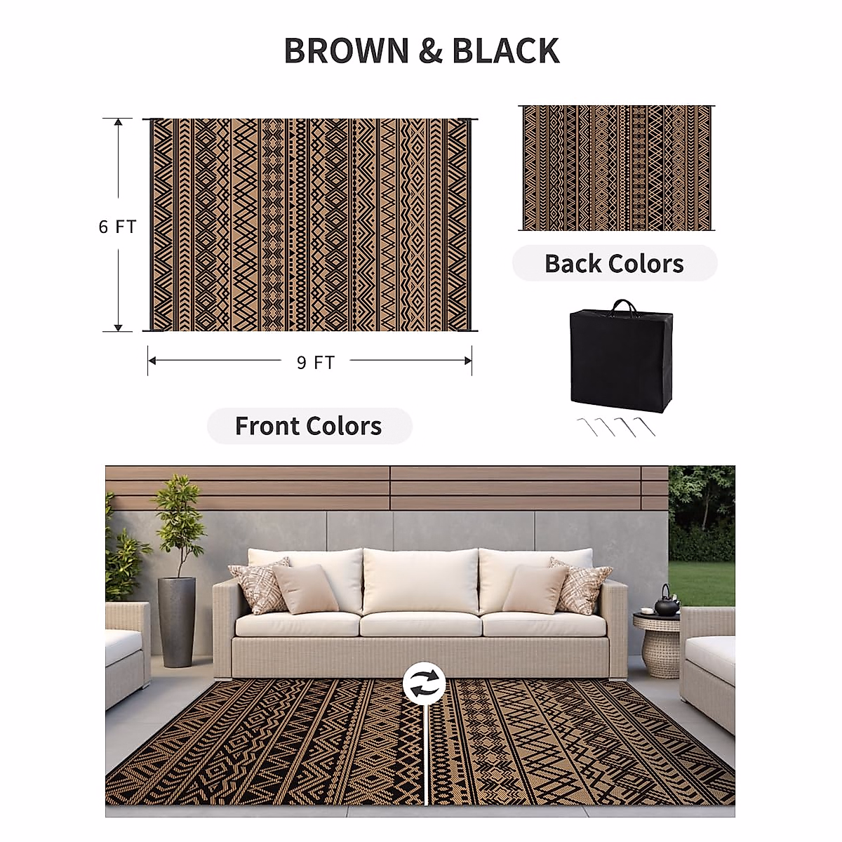 MontVoo-Outdoor Rug Carpet Waterproof 5x8 ft Reversible Patio Rug RV Camping Rug-Plastic Straw Rug Outside Indoor Outdoor Area Rug for Patio Deck Balcony Picnic Beach Outdoor Decor Boho Black Brown