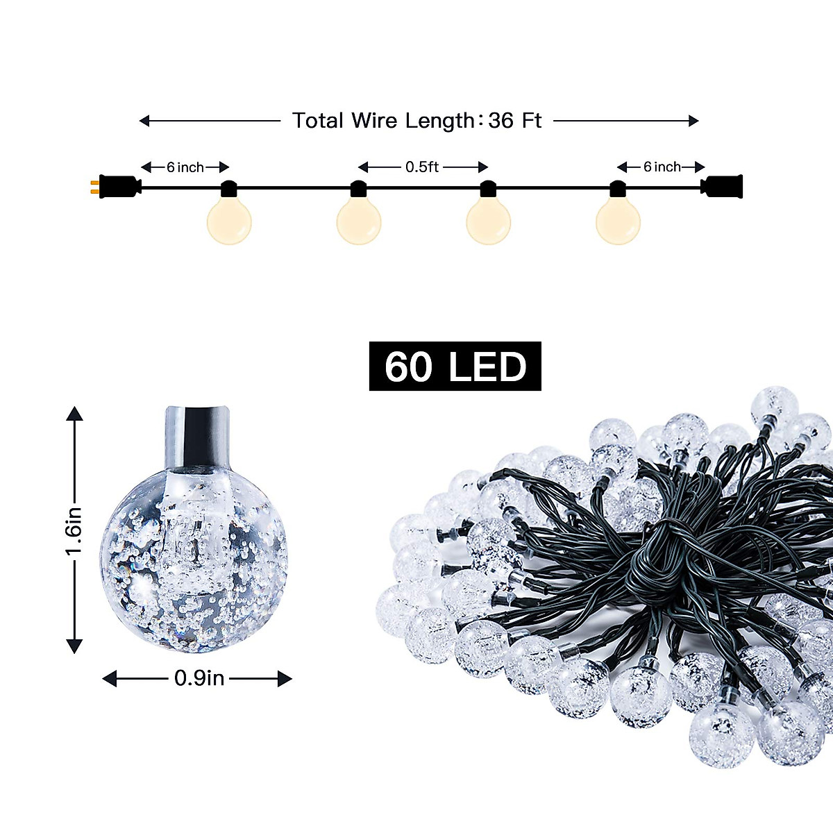 unbrands Solar String Lights Outdoor , 60LED Globe Fairy Waterpro of Lights , 8 Modes 11M/36ft Outdoor Solar String Lights for Garden, Patio Yard, Home ,Christmas ,Parties ,Wedding (Warm White)