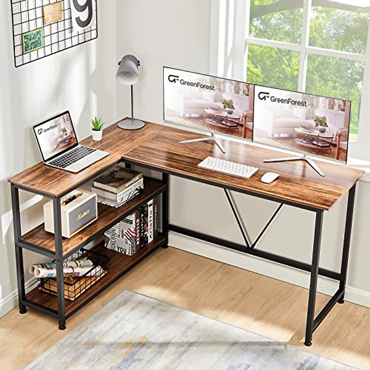 GreenForest Large L Shaped Desk 55x39.4 inch Reversible Corner Gaming Computer Desk and File Cabinet 2 Drawers Wooden Vertical Filing Cabinet with Lock