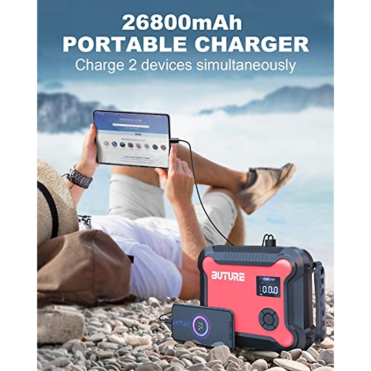 Portable Car Jump Starter with Air Compressor, BUTURE 150PSI 3500A 26800mAh Battery Booster Pack (All Gas/8.0L Diesel) Digital Tire Inflator, Fast Battery Charger 3.0 with 160W DC Out, Emergency Light