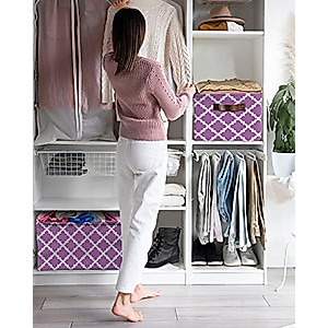 Storage Basket,Geometric Art Moroccan Check Collapsible Storage Bin with Handles Waterproof Foldable Cube Bins Purple Large Organizer Baskets for Shelves Closet Nursery