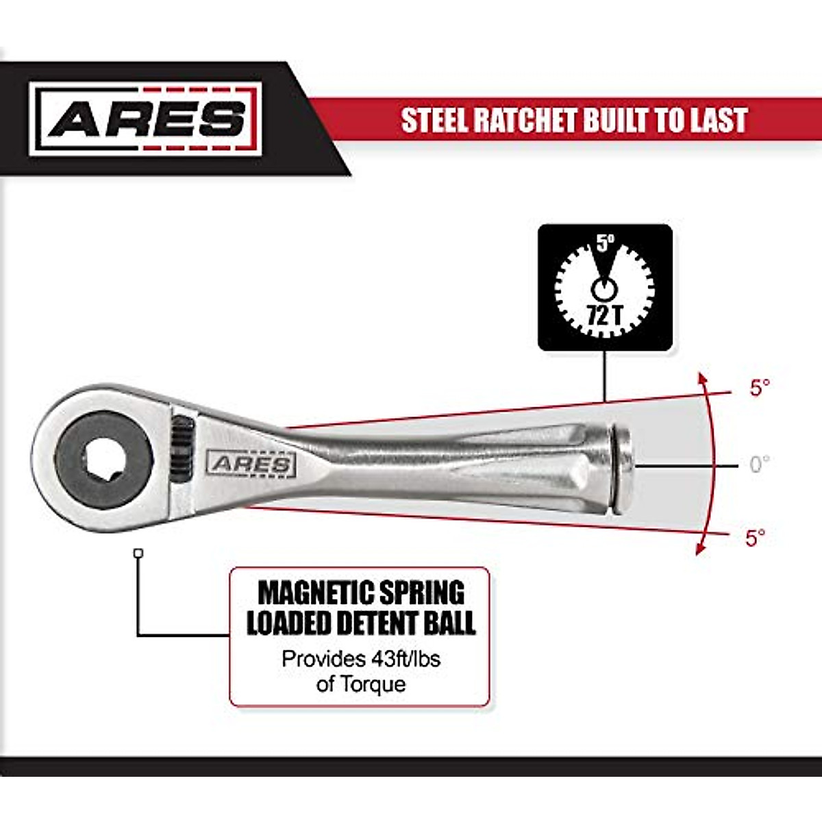 ARES 70040-1/4-Inch Drive Close Quarter Micro Bit Ratchet | Mini Screwdriver with High Torque 72-Tooth Gearhead - 5 Degree Sweep - Spring Loaded Detent Ball Bit Holder