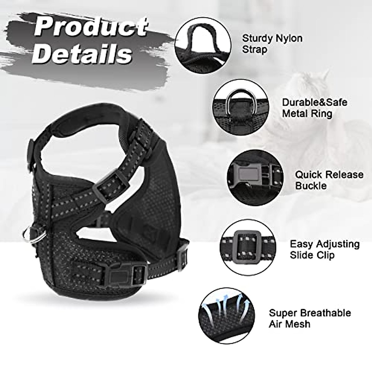 Supet Cat Harness and Leash Set for Small to Large Cats, Adjustable Cat Leash and Harness Set Escape Proof with Reflective Trim Universal Kitten Harness for Cats Puppies Outdoor Walking