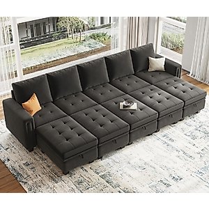 Belffin Velvet Modular Sectional Sofa Oversized 10-seat Sectional Sleeper Sofa Modular with Storage Ottoman Convertible Sectional Couch Bed with Reversible Chaise Grey