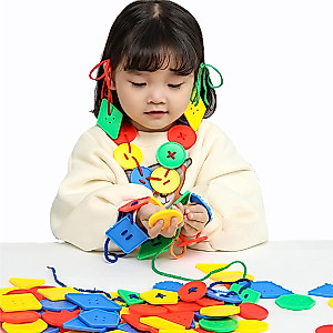 70 Pcs Montessori Lacing Threading Toy - Geometric Shaped Large Beads for Kids Crafts, Preschool Activities and Daycare Toys - Autism Learning Materials and Fine Motor Skills Toys for 3 4 5 6 Year Old