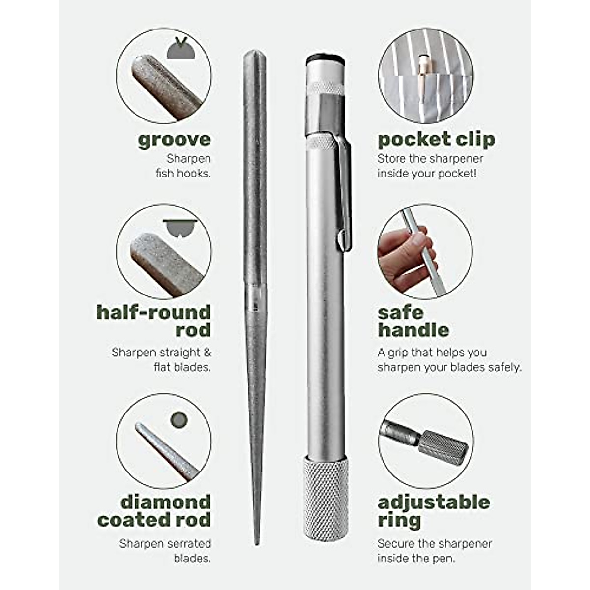 Wamery Serrated Knife Sharpener with Retractable Diamond Sharpening Rod. Repairs, Restores, Polishes Serrated or Straight Blade. Pocket Knife Sharpener