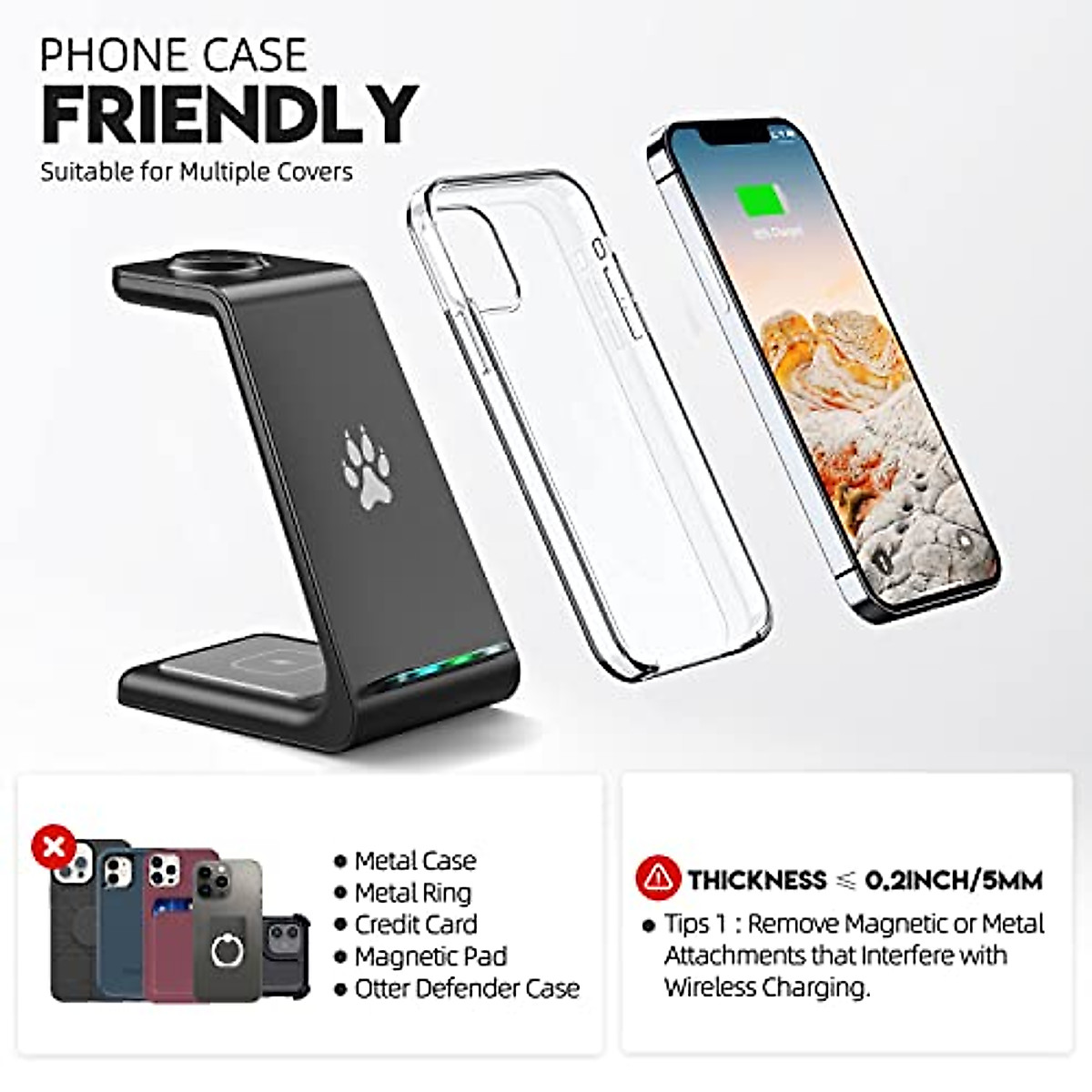 CUCICU Wireless Charger, 3 in 1 Wireless Charging Station Compatible with iPhone 14/13 Pro/13/12/11/Pro/SE/XS/XR/8 Plus,Fast Wireless Charging Stand Dock for Apple Watch, Airpods 3/2/Pro(w/Adapter)