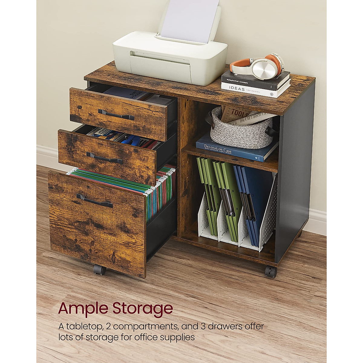 VASAGLE Lateral File Cabinet, Home Office Printer Stand, with 3 Drawers and Open Storage Shelves, for A4, Letter-Size Documents, Rustic Brown + Black
