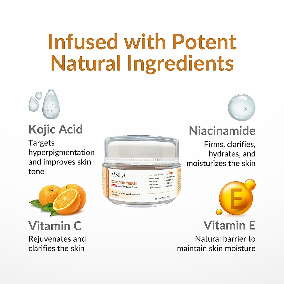 Nasola Kojic Acid Cream for Skin Clarifying, Complexion Revitalization, Radiance Boosting, Face & Body, Women & Men, Underarm & Armpit