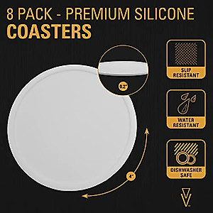 TARVER - Drink Silicone Coasters Set of 8 - Tabletop Protection, Soft Coasters, Slip Resistant, Easy Wash and Fits Any Size Drinking Glass (White, 4 W x 4 H x 0.2 D), 4Wx4Hx0.2D
