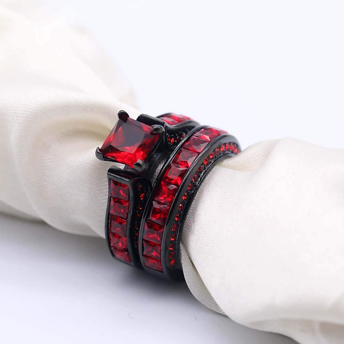 Black Gold Plated Womens Wedding Ring Sets Bridal Sets Princess cut Red Cz Engagement Ring Wedding Bands