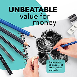 Castle Art Supplies 26 Piece Premium Drawing and Sketching Set | For Artists, Professionals or Beginners | Pencils, Charcoal, Graphite and More | Arranged in Carry-Anywhere Clamshell Case