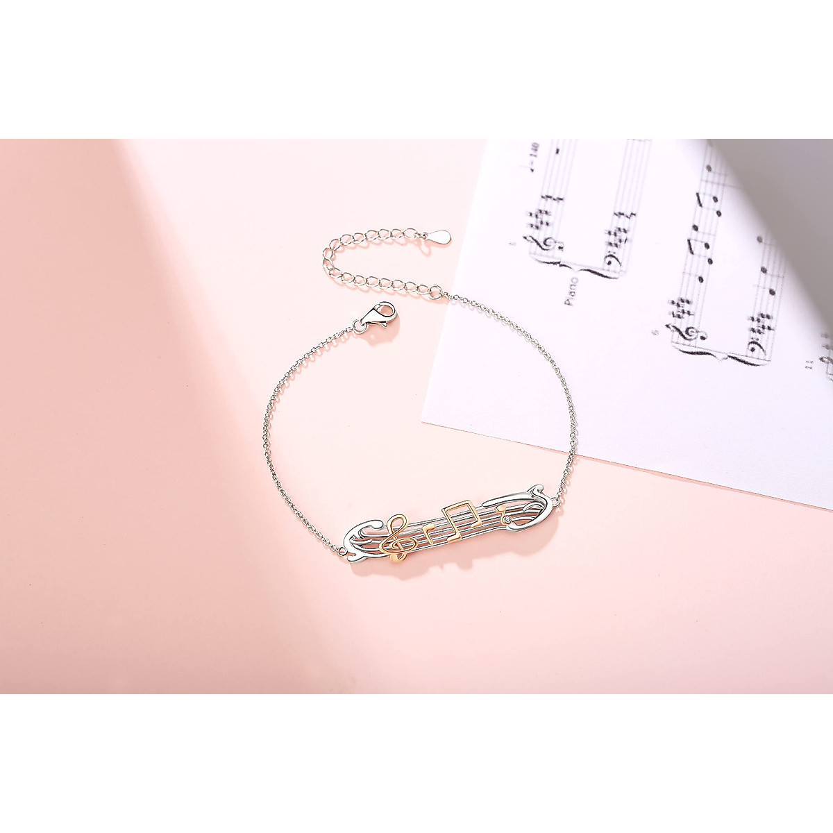 ASLBUNM Music Bracelet S925 Sterling Silver Music Note Love Heart Adjustable Link Musical Jewelry Christmas Gift for Women Music Lover