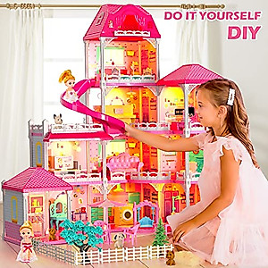 Doll House, Dream House Furniture Pink Girl Toys, 4 Stories 10 Rooms Dollhouse with 2 Princesses Slide Accessories, Toddler Playhouse Gift for for 3 4 5 6 7 8 9 10 Year Old Girls Toys