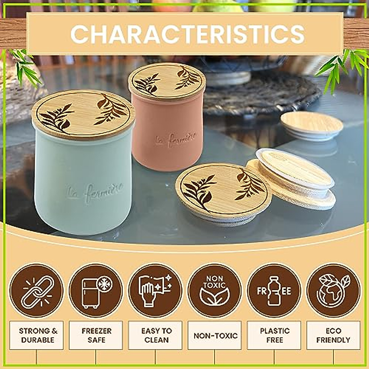 La Fermiere Yogurt Jar Tops – Olive Branches Design or Choose a Design – 4-pcs Wood Lids Set With Extra Silicone Sealing Rings - Perfectly Airtight Fit