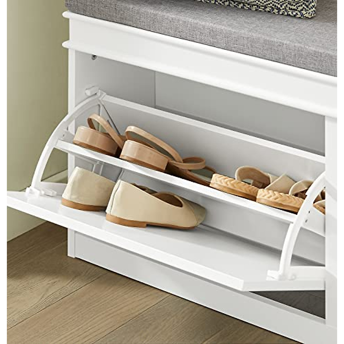 Haotian FSR64-W, White Storage Bench with Drawers & Padded Seat Cushion, Hallway Bench Shoe Cabinet Shoe Bench