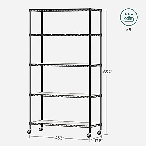 SONGMICS 5 Tier Garage Shelving, Wire Shelving Unit, 43.3 x 13.8 x 65.4 Inches, Adjustable Metal Shelves, 5 Plastic Liners 8 Hooks, Mobile Storage Shelves, Pantry Kitchen Basement, Black ULGR015B01