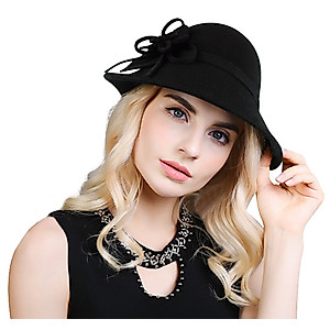 Bellady Women's Elegant Flower Wool Cloche Bucket Bowler Hat, Black