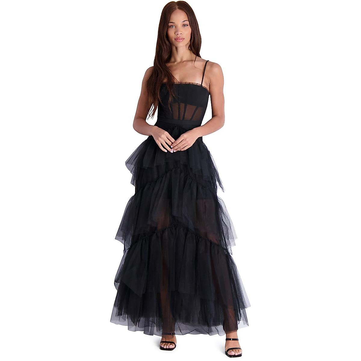 BCBG Max Azria Oly Women’s Tiered Ruffle Tulle Sleeveless Gown Black Size 4