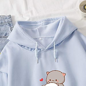 KEEVICI Women Kawaii Cartoon Cute Cat Graphic Casual Cotton Pullover Hoodies Sweatshirt Blue