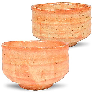 Mino Ware Traditional Japanese Yunomi Tea Cups, Mini Matcha Bowl, Orange AKA SHINO Design for Green Tea, Matcha Tea Set of 2