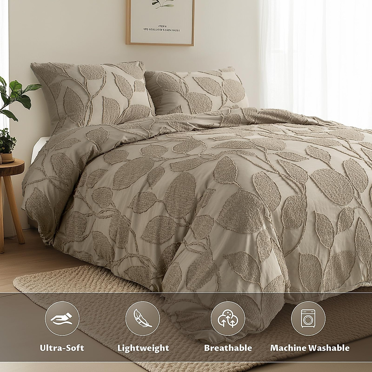 DELIGHT HOME Soft Duvet Cover King Size, 3 Pieces Tufted Clipped Jacquard Duvet Covers Set, King Boho Duvet Cover, Bedding Duvet Cover with 2 Pillow Shams, Corner Ties and Button (King, Deep Khaki)