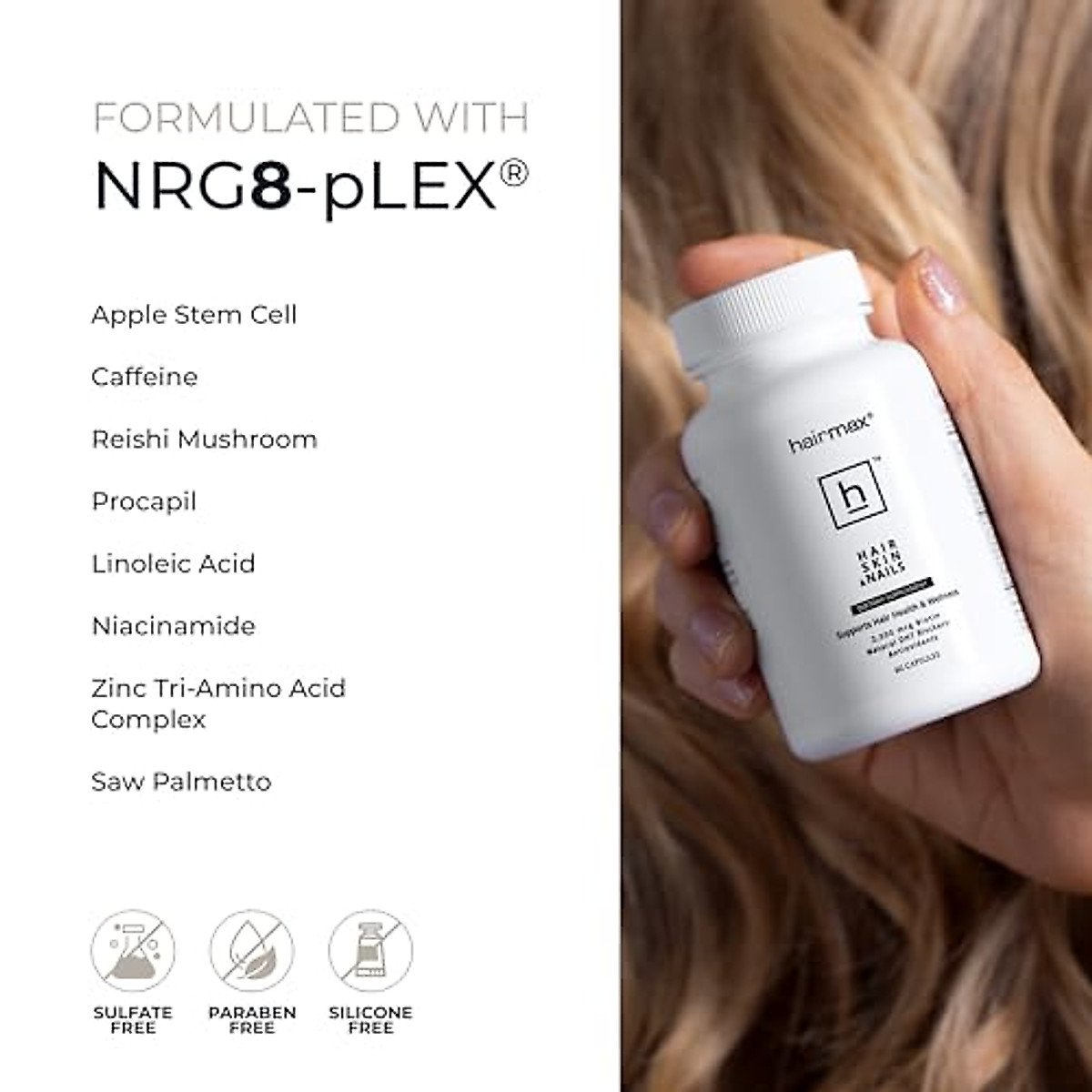 HairMax Hair, Skin and Nails Dietary Supplement – Hair Loss & Hair Regrowth Treatment. 2500mcg Biotin, DHT Blocker, MSM & Antioxidants, 60 Capsules