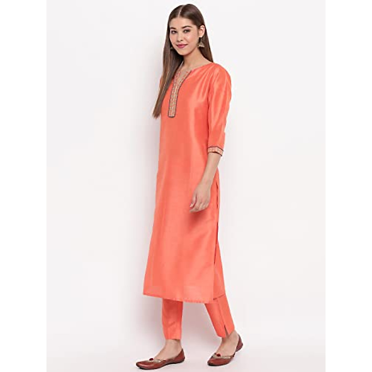 Janasya Indian Women's Peach Poly Silk Kurta with Pant and Dupatta(SET199-KR-NP-S)