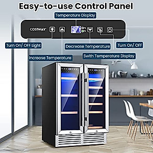 COSTWAY Wine and Beverage Refrigerator, 24 Inch Dual Zone Under Counter Wine Cooler w/Lock, 19 Bottles & 57 Cans Beverage Fridge Cooler, Built-In or Freestanding Beer Wine Fridge for Home Kitchen Bar