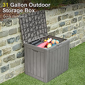 EAST OAK Deck Box, 31 Gallon Indoor and Outdoor Storage Box with Padlock for Patio Cushions, Outdoor Toys, Gardening Tools, Sports Equipment, Waterproof and UV Resistant Resin, Grey