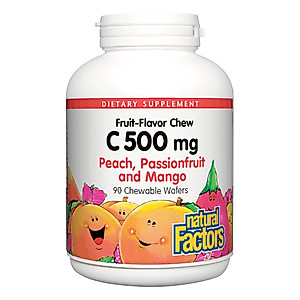Natural Factors, Kids Chewable Vitamin C 500 mg, Supports Immune Health, Bones, Teeth and Gums, Peach, Passionfruit and Mango, 90 Wafers