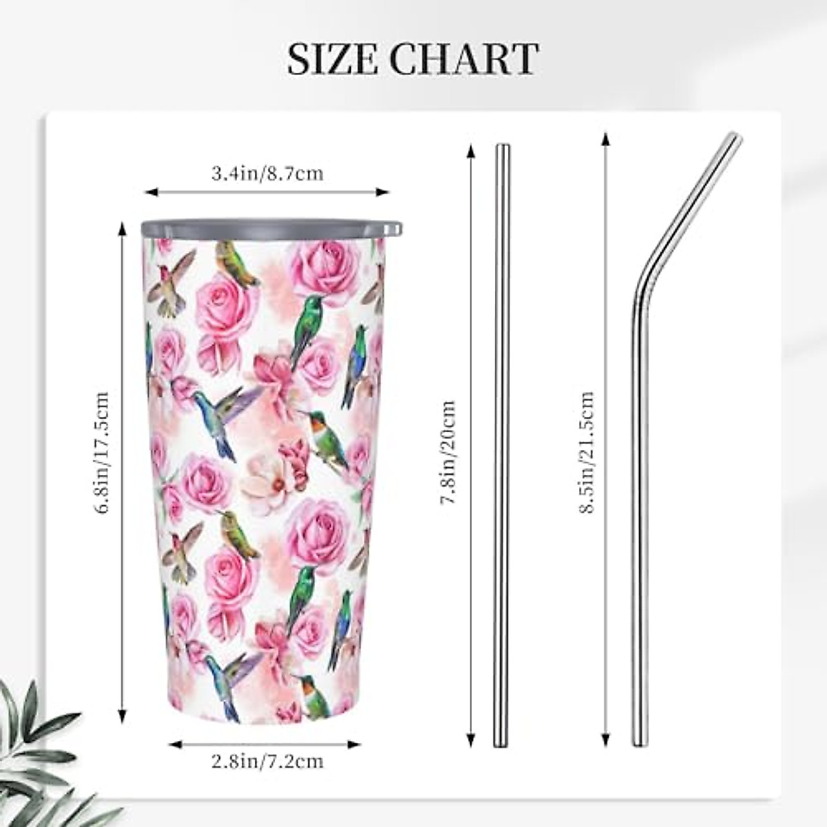 Yaxongx 20oz Tumbler Roses Hummingbird Double Wall Vacuum Insulated Coffee Mug with Lid and Metal Straw Brush Reusable Stainless Steel Water Bottle Travel Cup Gifts for Car Ice Drinks Hot Beverage