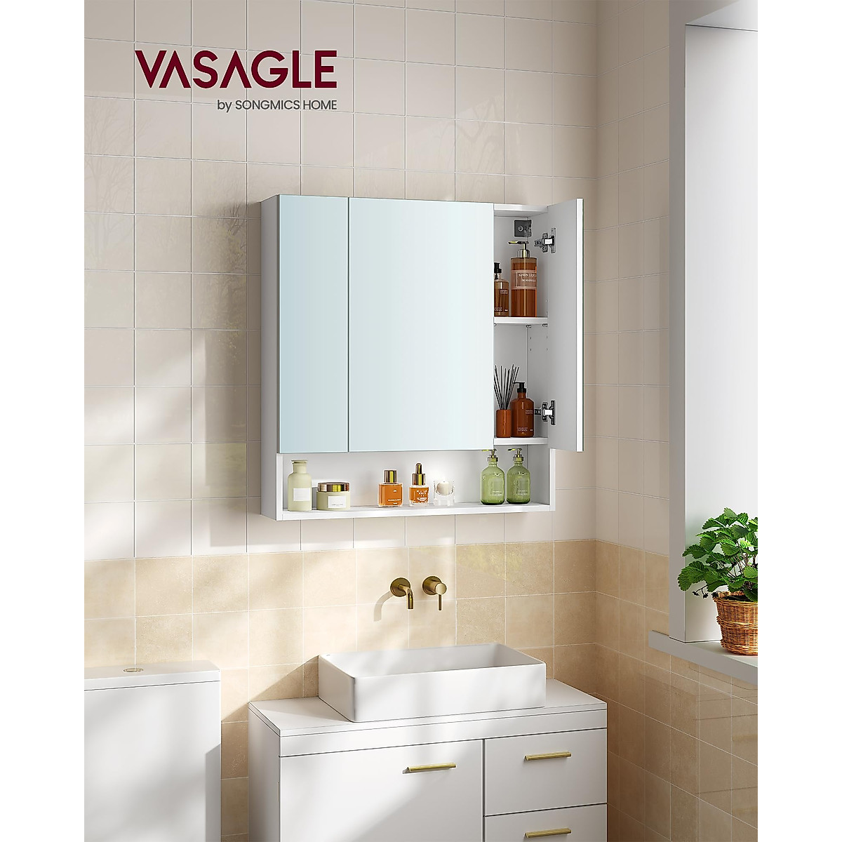 VASAGLE Medicine Cabinet Mirror, Bathroom Mirror with Storage, Bathroom Mirror Cabinet, Wall Mirror Cabinet, Open Compartment, Adjustable Shelves, 6.5 x 27.6 x 29.5 inches, Cloud White UBBK129W01