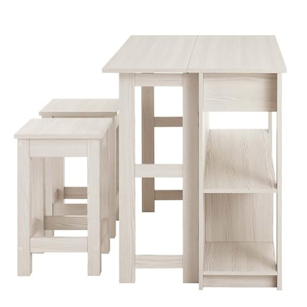 Modway Meadowbrook 3-Piece Kitchen Island with Seating and Drop-Leaf Table in White Maple - Freestanding and Small Space Kitchen Cart with Storage, Includes 2 Stools