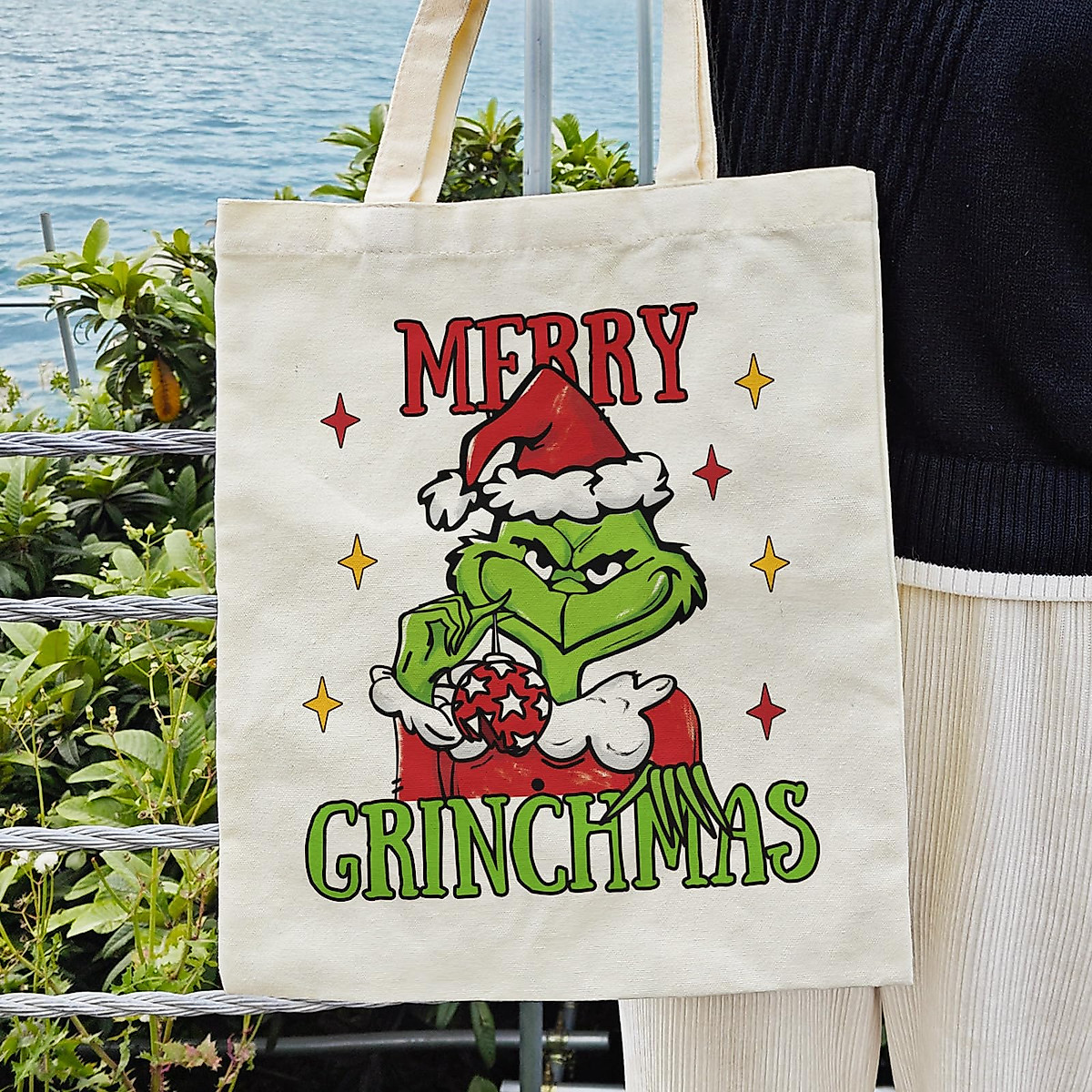 Dlzdn Christmas Canvas Tote Bag For Women Aesthetic Merry Christmas Tote Bag Shopping Grocery Bag Beach Bag Gifts for Women Teacher Bag Reusable Grocery Bag