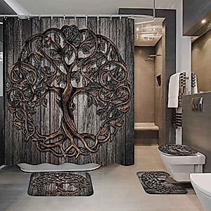 4 Pcs Tree of Life Shower Curtain Set, Vintage Viking Nordic Rustic Tree Bathroom Sets with Shower Curtain and Rugs, Bath Curtain, Bath Mat, Toilet Lid Cover, U Shaped Rug, Hooks, SETLSSD268