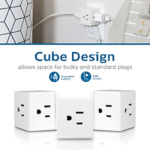 Philips 3-Outlet Extender, Extra-Wide Adapter Spaced, Easy Access Design, 3-Prong, Perfect for Travel, Cube, 4 Pack, White, SPS3040WA/37