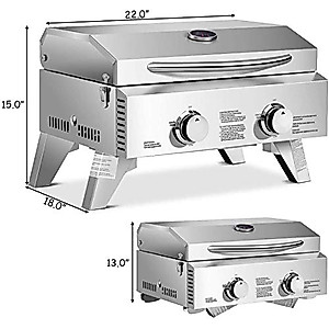 Moccha Stainless Steel Propane TableTop Gas Grill Two-Burner BBQ, with Foldable Leg, 20000 BTU, Perfect For Camping, Picnics or any Outdoor Use, Silver