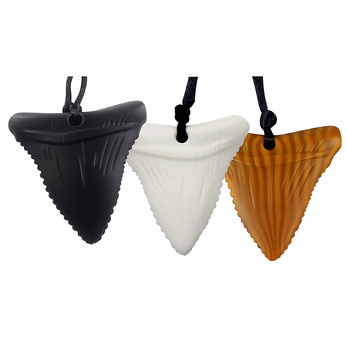 Mommy's Touch Shark Tooth Silicone Teething Necklaces - Sensory Chew Toys for Special Needs Kids & Aggressive Chewers - Soothing, Calming Teethers for Toddlers - Black, White & Wood Design - 3-Pack