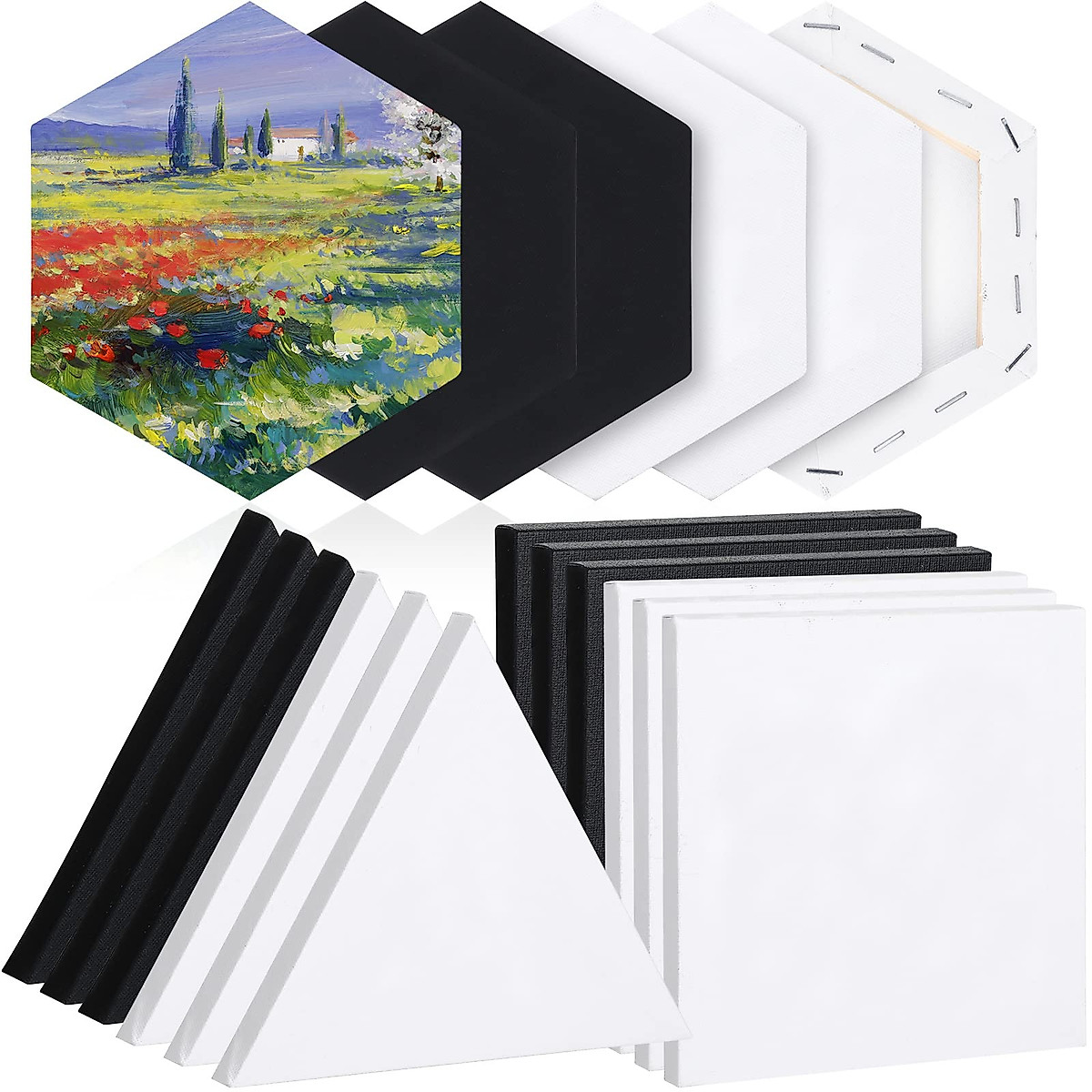 Jeyiour 18 Pcs Stretched Canvas Blank Painting Canvas 6 Inch Hexagon Triangle Square Canvases for Painting Cotton Blank Canvas with Frame Panel for Acrylic Pouring Oil Painting, Black and White