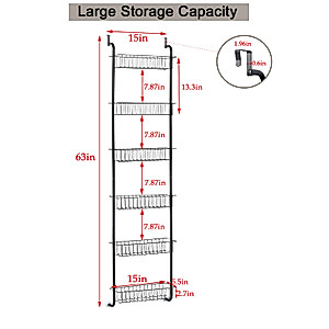 6-Tier Over the Door Pantry Organizer Rack, Hanging Storage Metal Rack with 6 Baskets, Door Organization Kitchen Spice Rack, for Kitchen Bathroom Bedroom(Black)