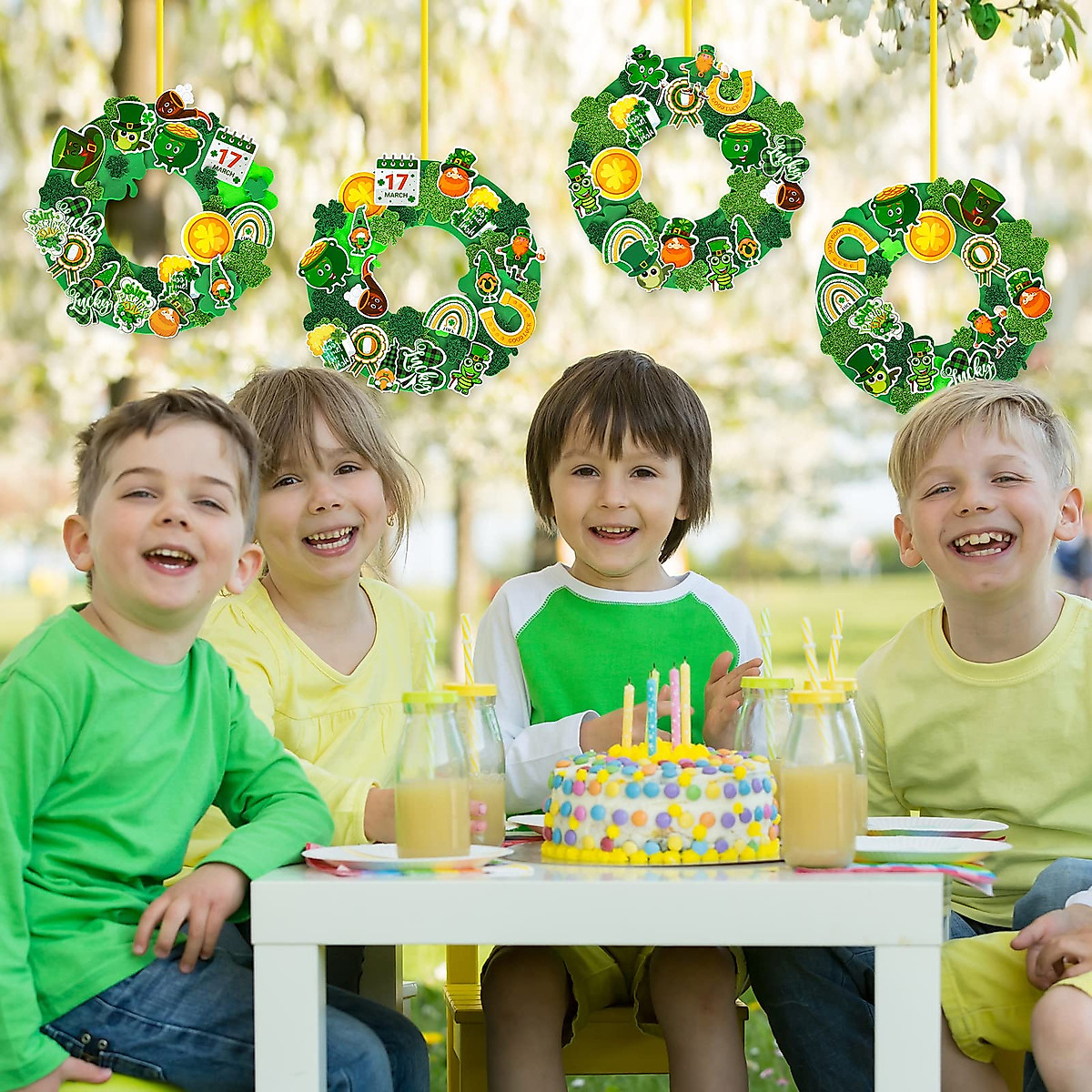 Whaline 12Pcs St. Patrick's Day Foam Wreath Crafts with 400Pcs Glitter Green Shamrock Hat Elf Gold Coin Stickers and Yellow Ribbons DIY Foam Wreath Signs for Kids St. Patrick's Day Party Art Project