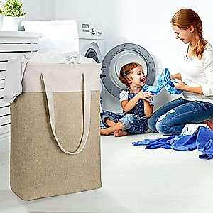 i BKGOO Laundry Basket with Handles Beige&Khaki-Slim Laundry Bin Collapsible Dirty Clothes Basket Narrow Laundry Bag Foldable Dirty Hamper for Camping, Dorms, Apartments