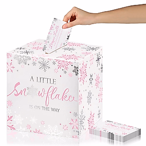 51 Pcs Diaper Raffle Tickets with Baby Shower Card Box Winter Wonderland Diaper Raffle Game Box Snowflake Diaper Raffle Sign Box Insert Cards for Gender Reveal Baby Shower Game Kit Party Decorations