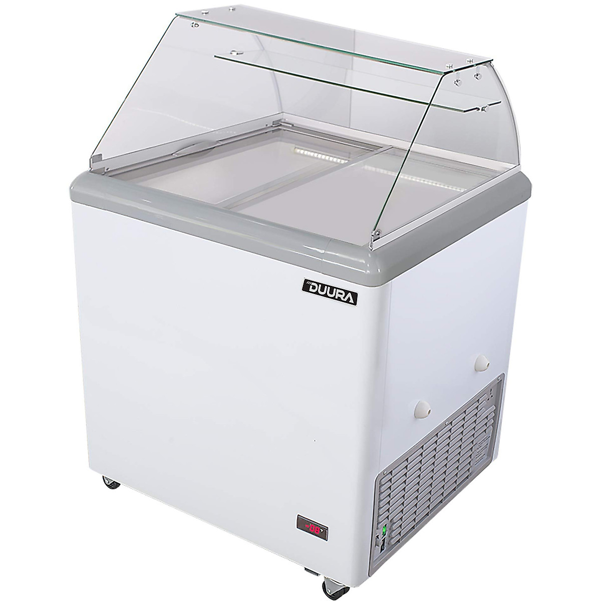Duura 4 Flavor Commercial Ice Cream Dipping Cabinet and Gelato Deep Freezer Case Glass Top 7.5 Cubic Feet of Storage Space Holds 4 Tubs Stores 2 More with Tub Holders and Skirts, 31.5 Inch Wide, White