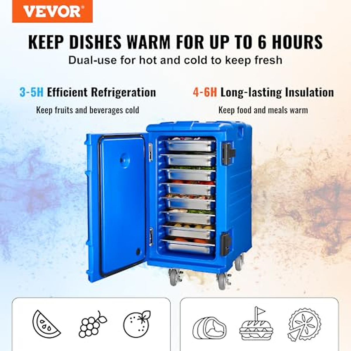 VEVOR Insulated Food Pan Carrier, 127 Qt Hot Box for Catering, LLDPE Food Box Carrier w/Double Buckles, Front Loading Food Warmer w/Handles, End Loader w/Wheels for Restaurant, Canteen, etc. Blue