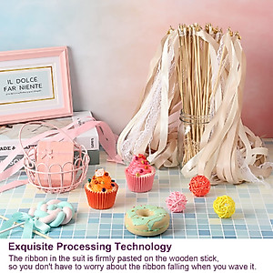 Sumind 40 Pieces Ribbon Wedding Streamers with Bells, Lace Fairy Wand Stick Party Ribbon Streamers Chromatic Silk Streamers for Party, Birthday and Holiday (Champagne)