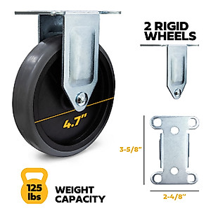 Olympia Tools Utility Cart Replacement Casters - Heavy Duty Casters, 4.7 Inch, Pack of 4 with 2 Rigid, 2 Swivel Casters, 87-884