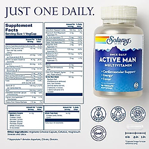 SOLARAY Once Daily Active Man Multivitamin & Mineral, Multivitamin for Cardiovascular, Support, Energy & Focus, Digestive Enzyme Blend, Amino Acids and Whole Food Base, 90 Servings, 90 VegCaps