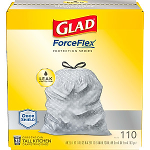 GLAD ForceFlex Tall Kitchen Drawstring Trash Bags, 13 Gallon Grey Trash Bag for Kitchen Trash Can, Odor Shield, Odor Eliminator and Leak Protection, 110 Count